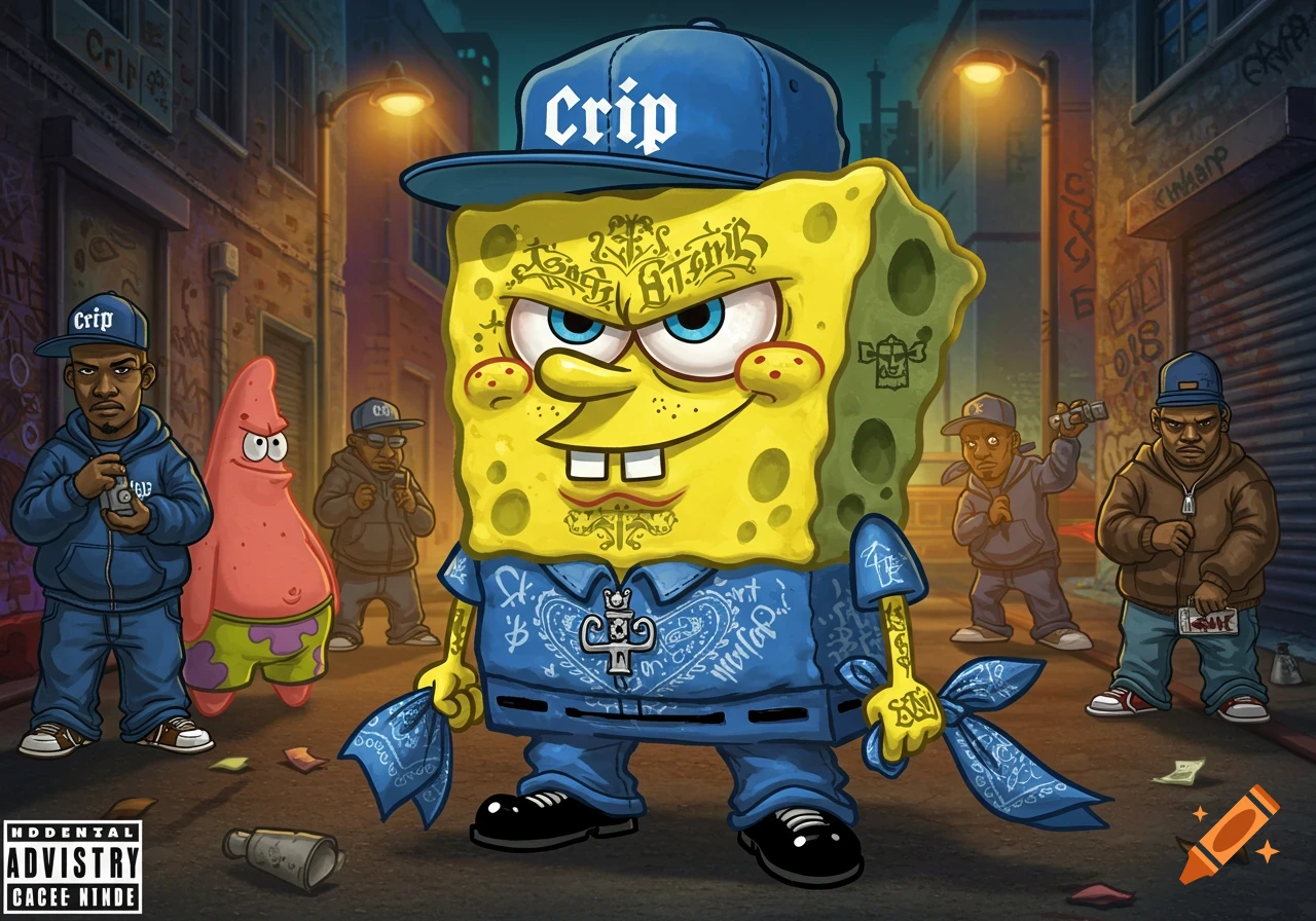 Cartoon characters Spongebob and Patrick dressed as gang members in an ...