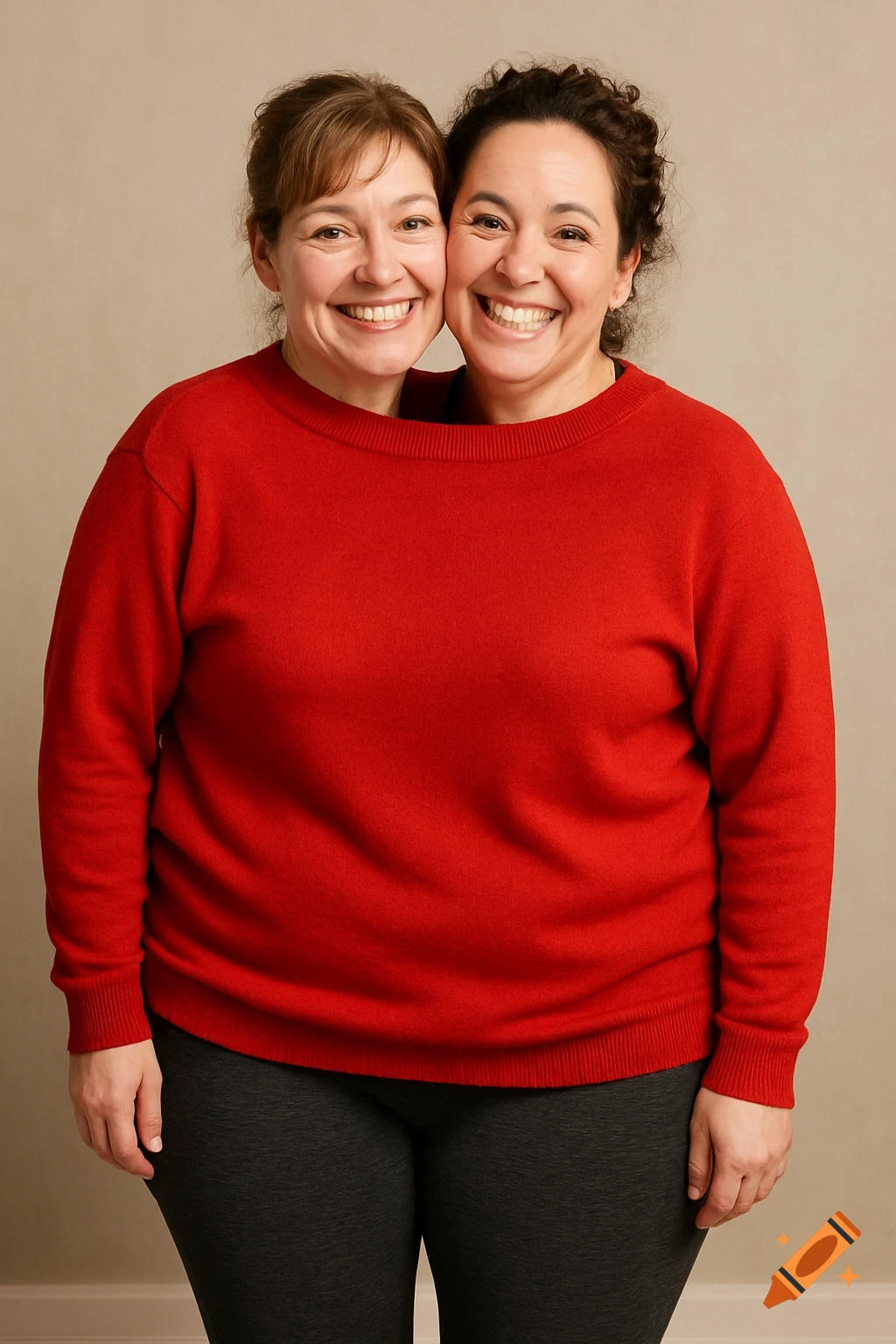 Two women's heads on a single body wearing a red sweater, creating a ...