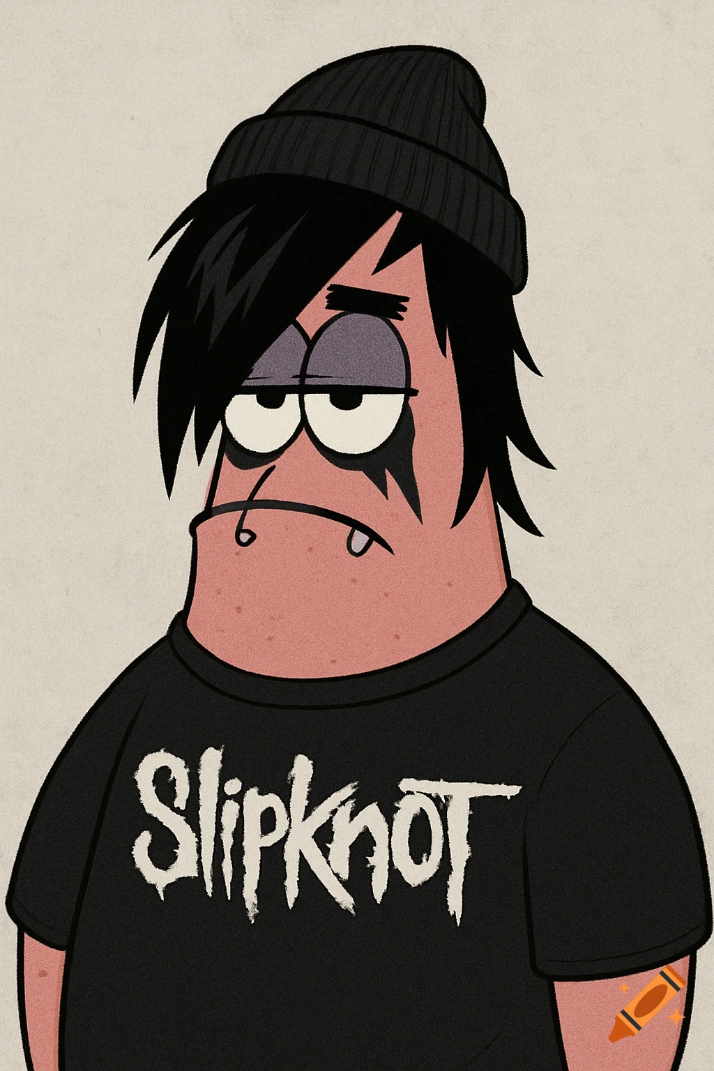 Cartoon of Patrick Star with emo hair, black beanie, black face paint ...