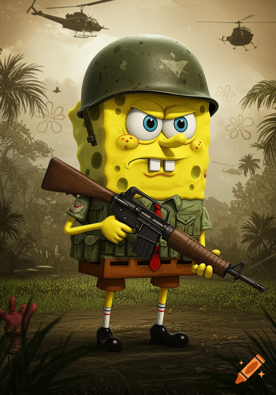 Spongebob Squarepants in military gear holding a rifle in a jungle ...