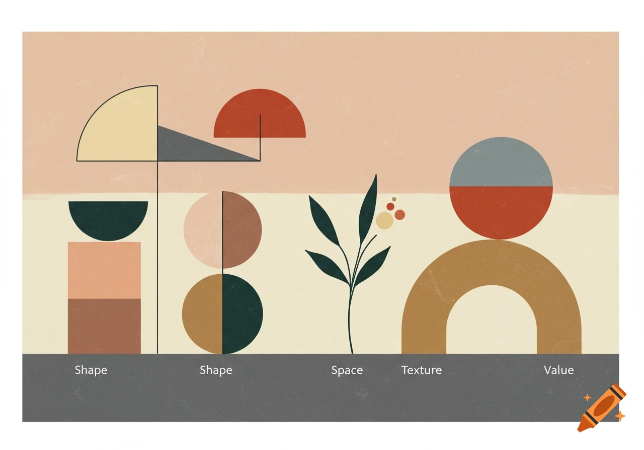 Abstract geometric illustration showing shapes, a plant, and labels for ...