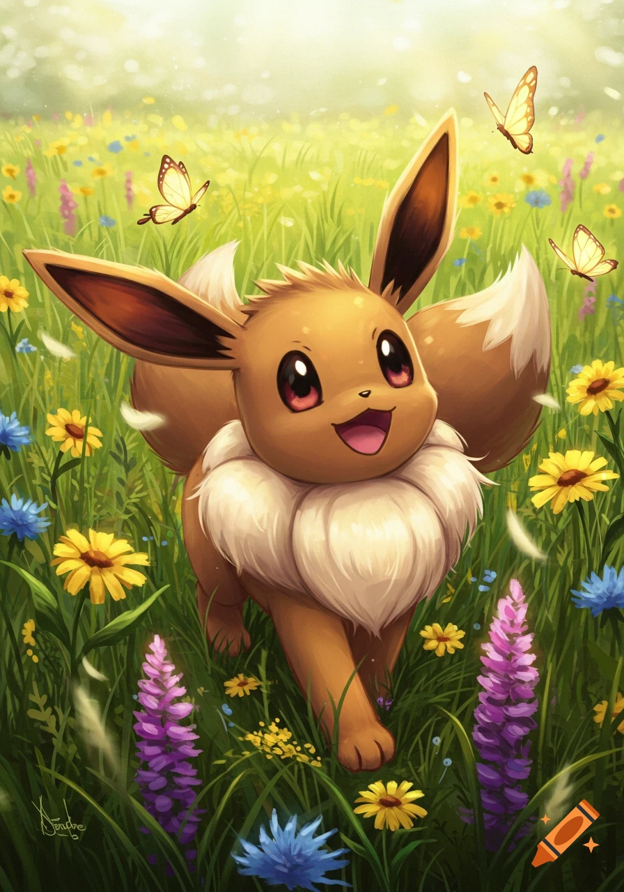 A cute brown Eevee character stands in a meadow with colorful flowers ...