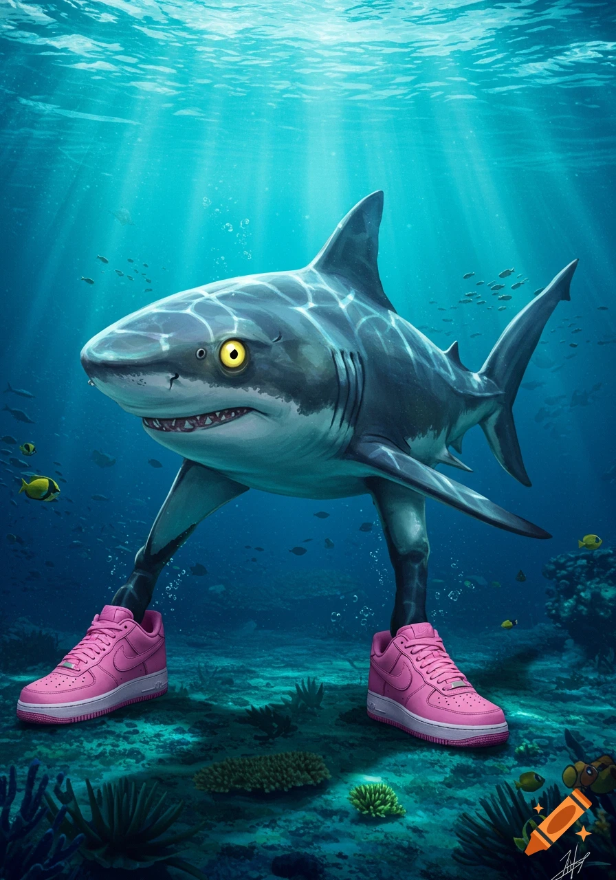 A shark with legs wearing pink shoes stands on the ocean floor with ...