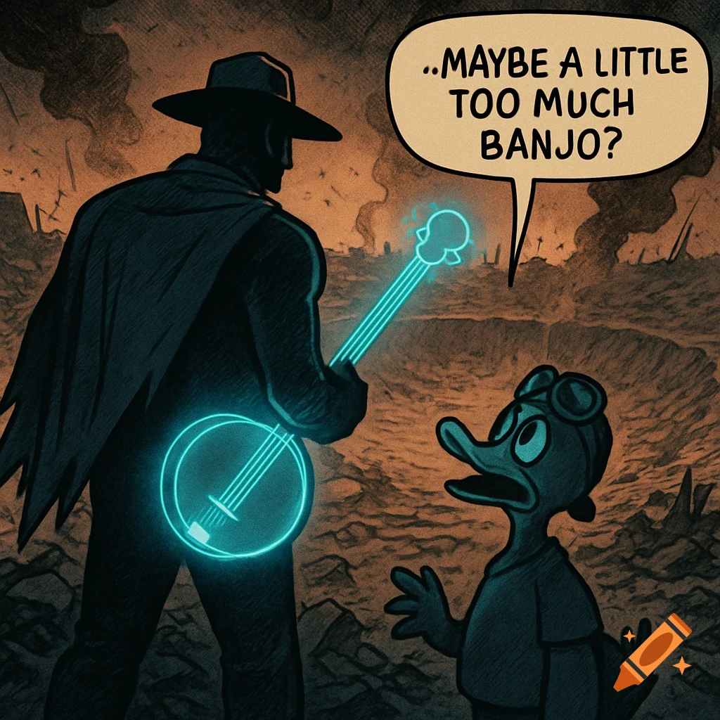 Comic panel of a shadowed figure with a glowing banjo and a talking ...