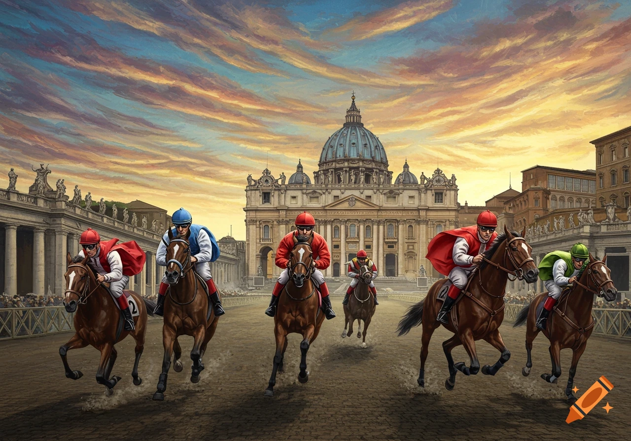 Horse race with jockeys in colorful attire, including red capes, racing ...