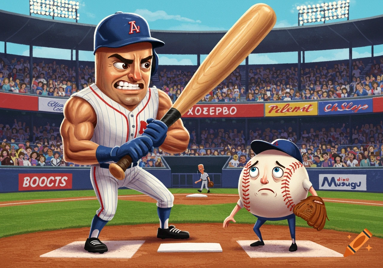 Cartoon illustration of a muscular player with a bat head hitting a sad ...