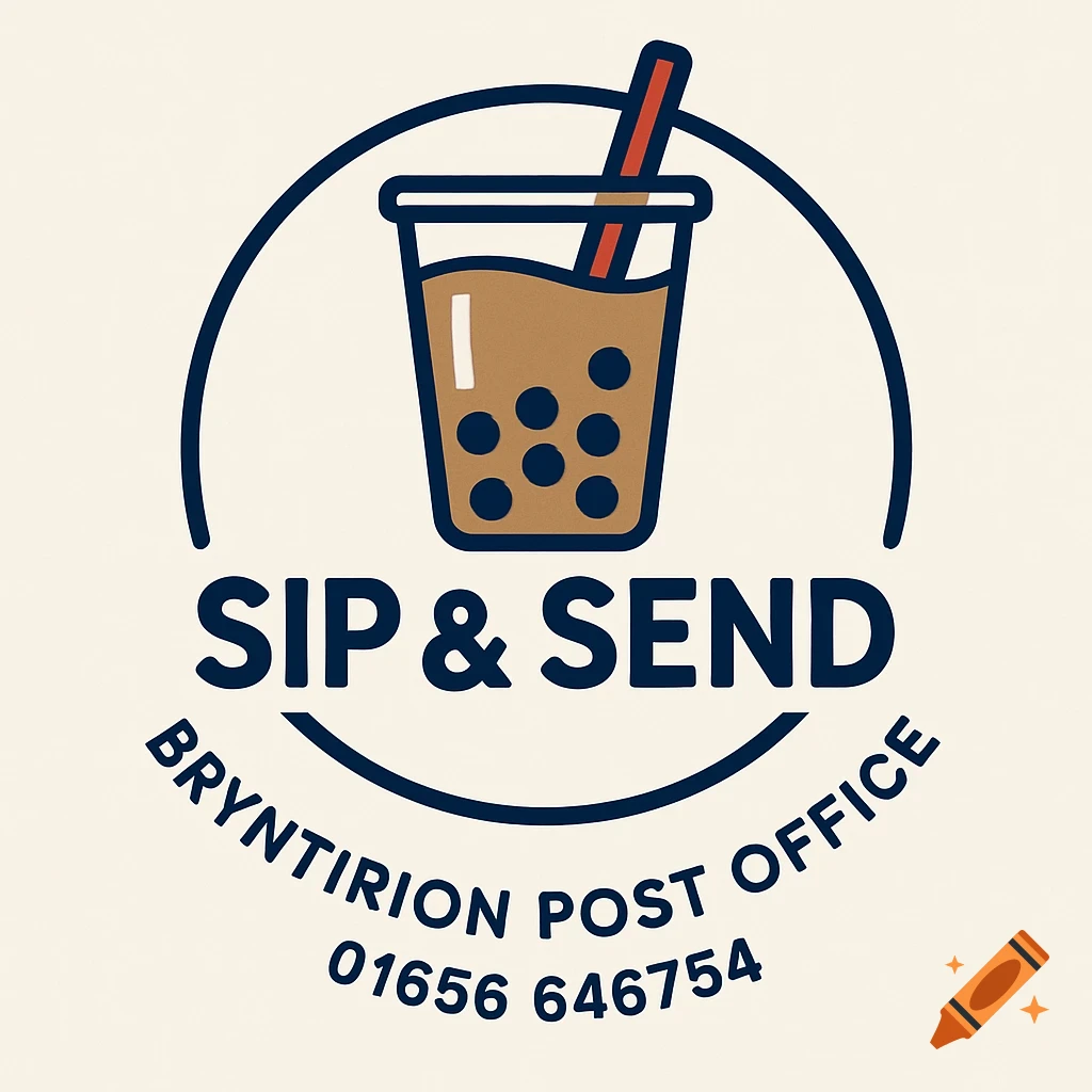 Logo for Sip & Send featuring a bubble tea cup, text 'SIP & SEND ...