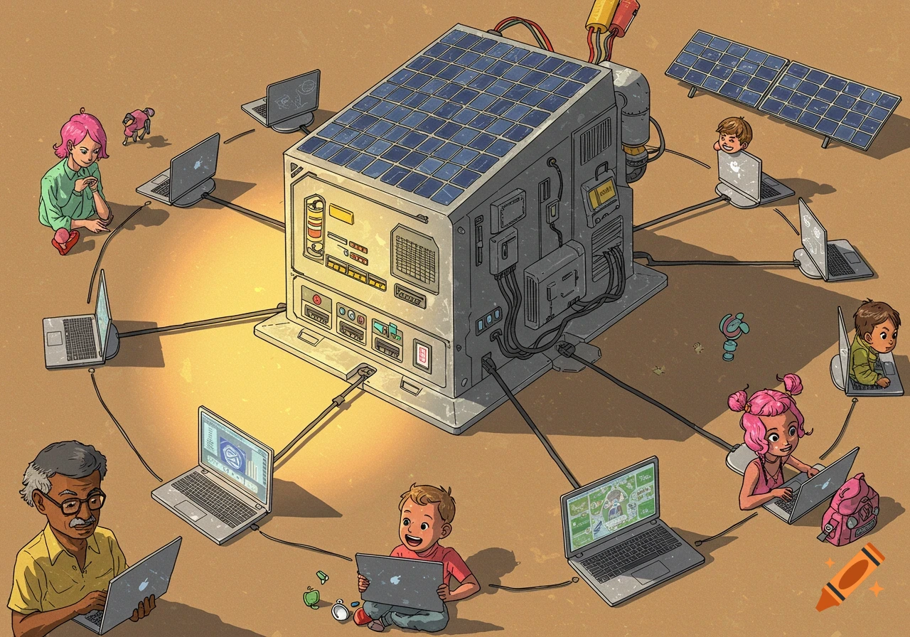 Illustration of children and adult using laptops connected to a solar ...
