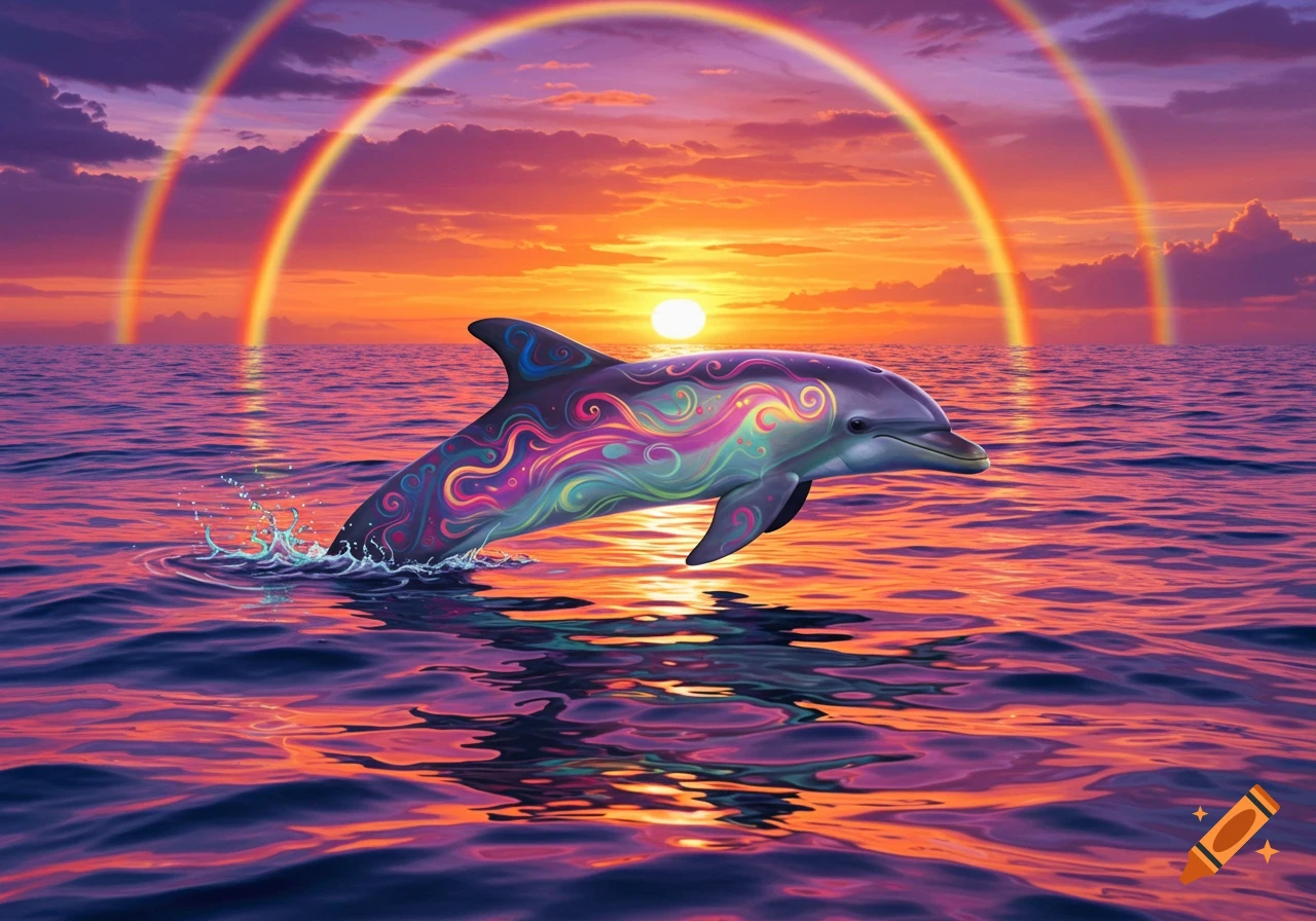 A brightly colored dolphin leaps from ocean waves at sunset with double ...