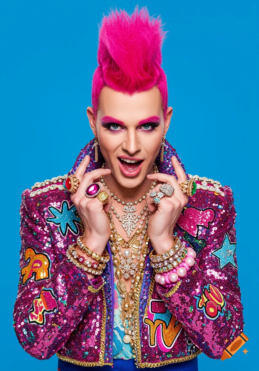 Person with pink mohawk, makeup, sparkly jacket, and excessive jewelry ...