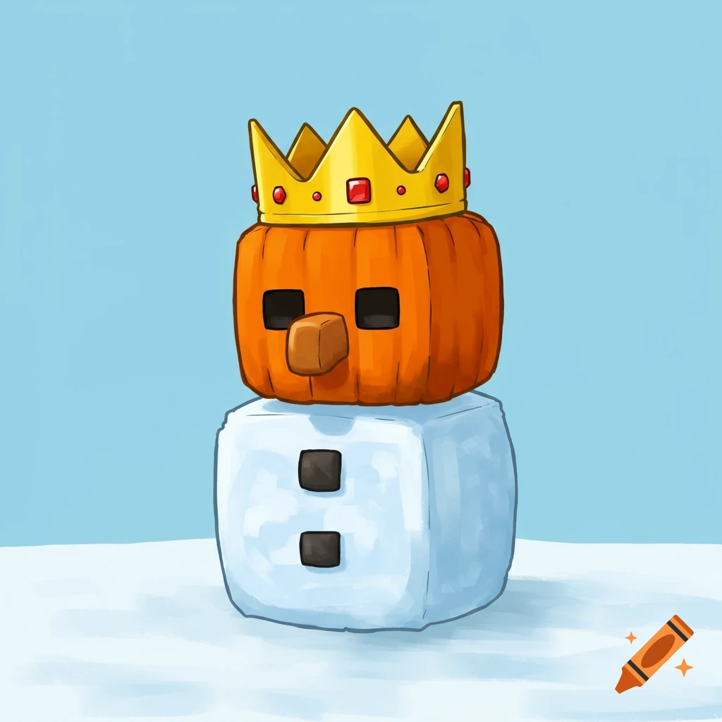 A cartoon Minecraft snow golem wearing a golden crown stands in the ...