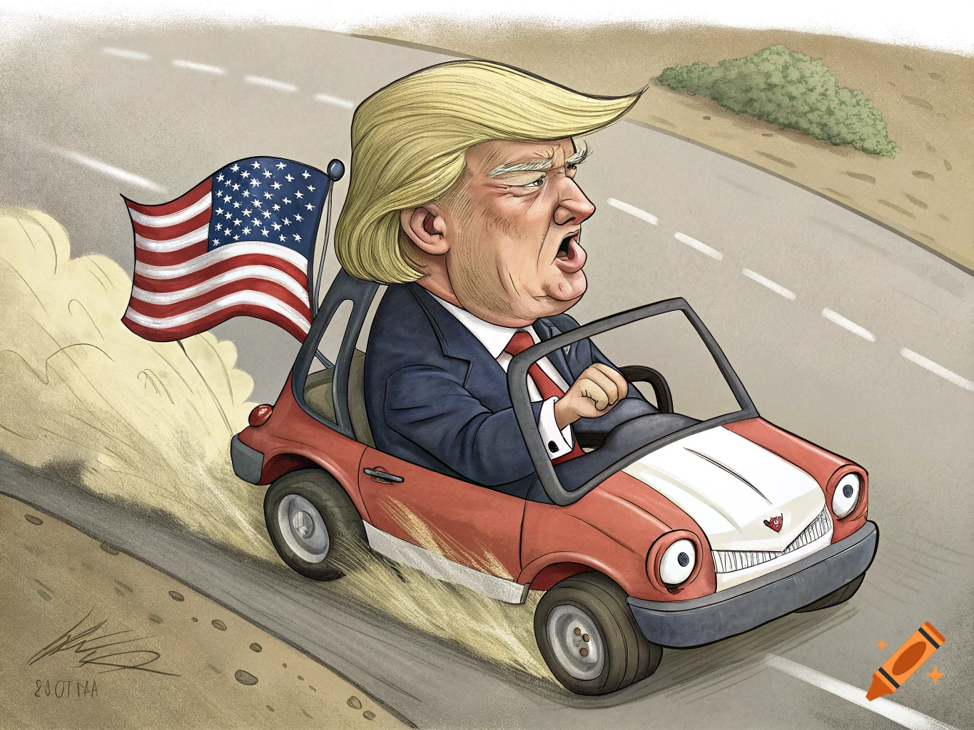 Caricature of Donald Trump driving a comically small red car with an ...