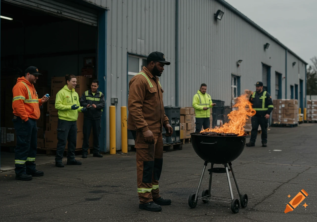 Workers barbecue outside a warehouse. on Craiyon