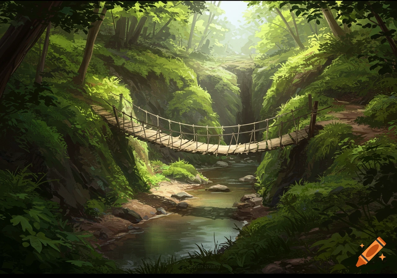A rope bridge spans a small creek in a lush green forest landscape. on ...