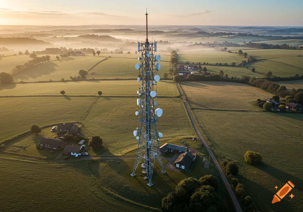 Telecommunications tower in a rural landscape with misty fields at ...