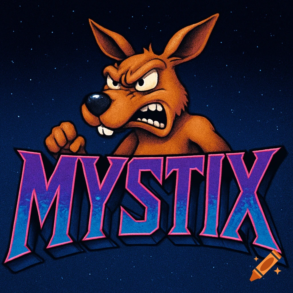 Logo featuring an angry cartoon kangaroo above the word MYSTIX in retro ...