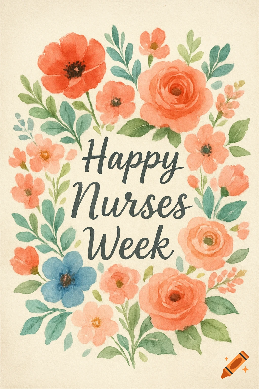 Watercolor floral wreath with text "Happy Nurses Week". on Craiyon