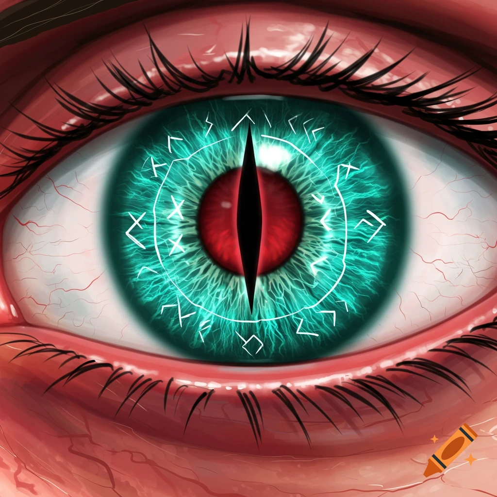 A close-up of a mystical anime eye with a red sclera, aquamarine iris ...