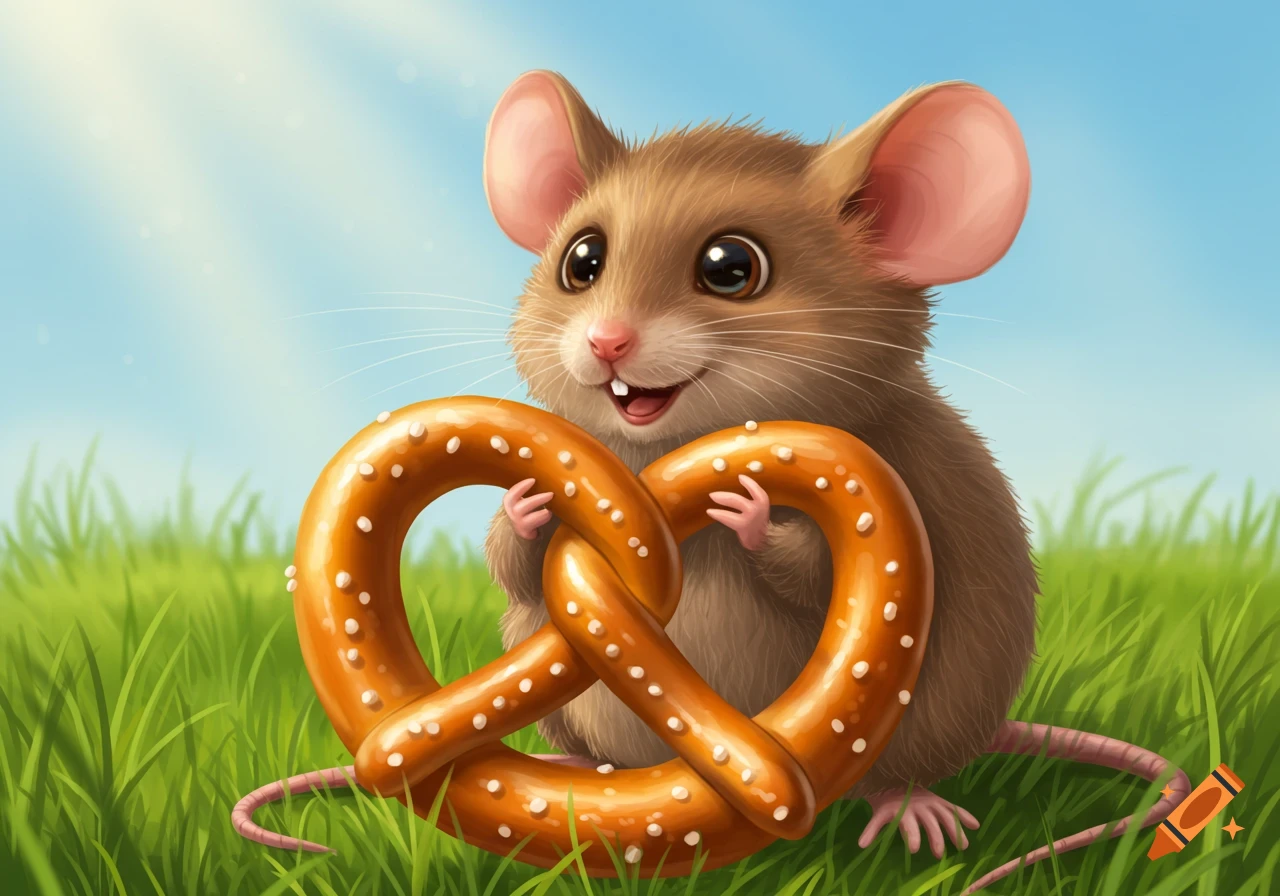 A cute cartoon mouse holds a large pretzel in a grassy field. on Craiyon