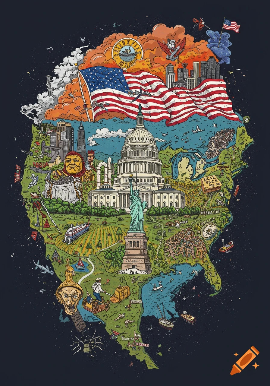 Stylized illustration of the United States map filled with various ...