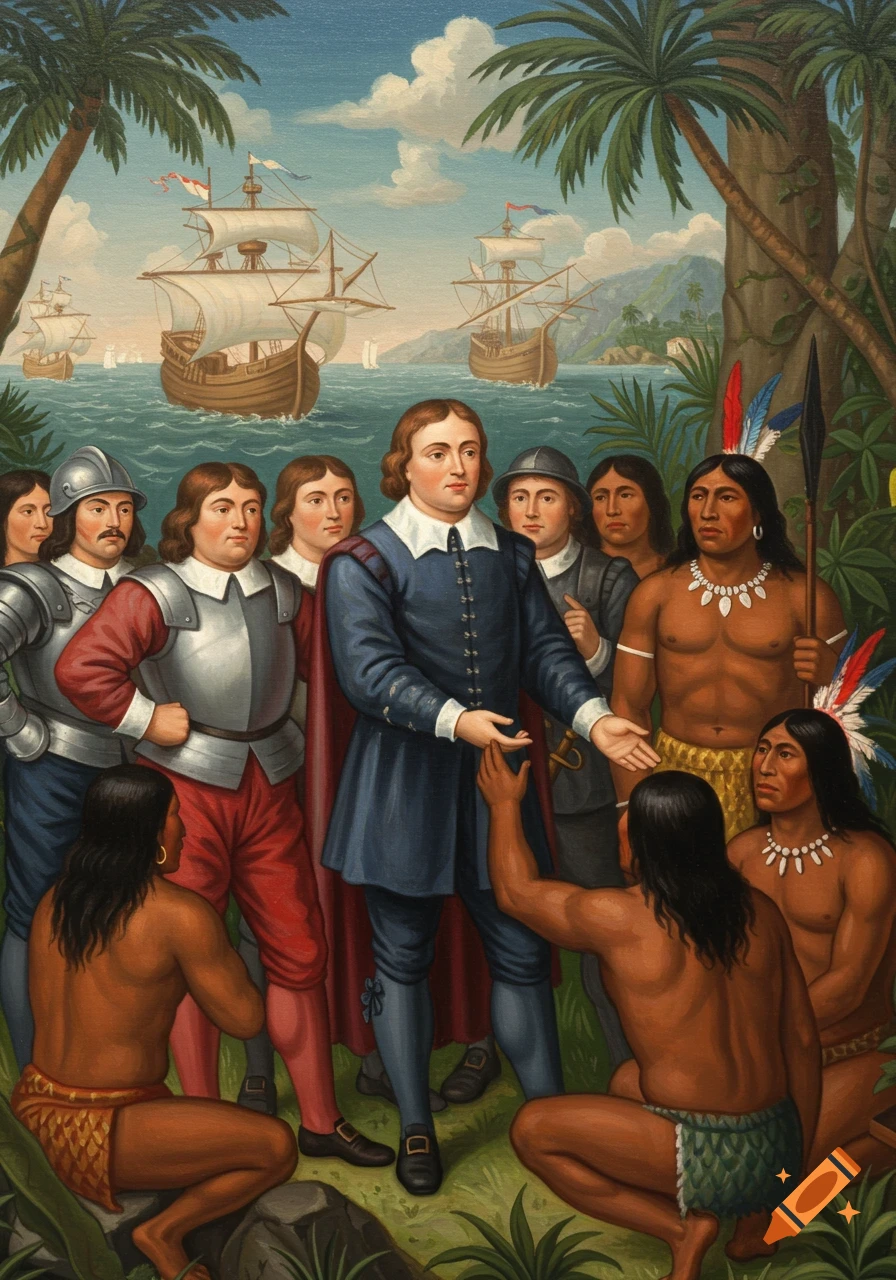 Painting of European colonists meeting Native Americans on a shore with ...