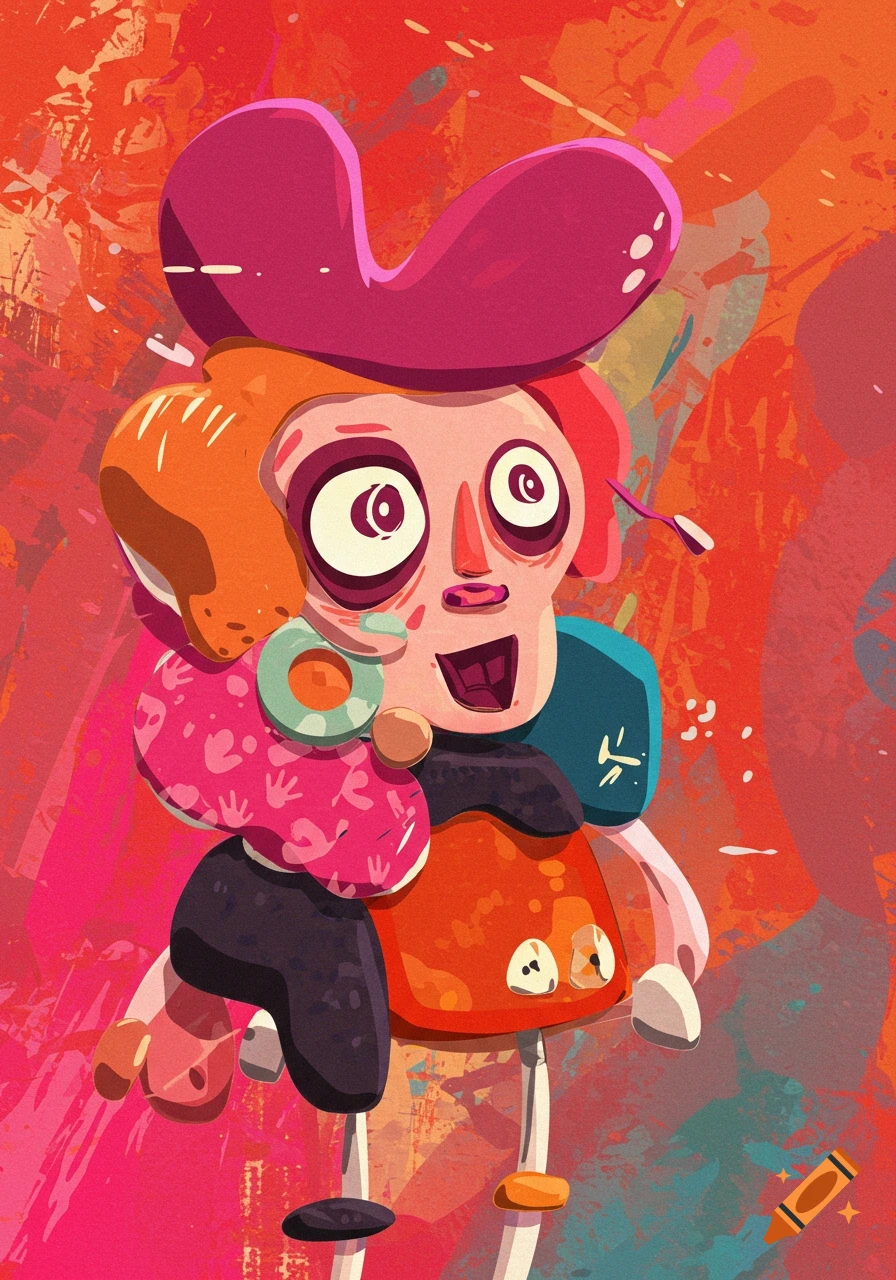 Stylized mixed media cartoon portrait with large eyes against an ...