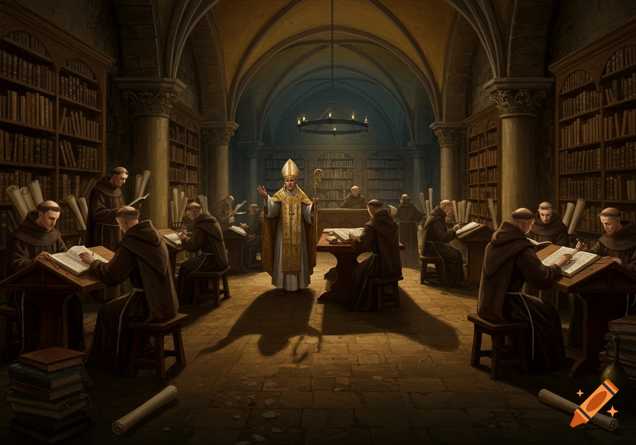 A bishop stands in a dimly lit library filled with monks reading and ...