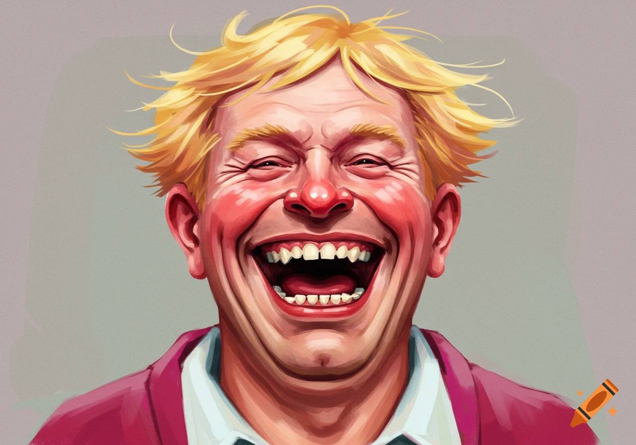 Close-up illustration of a man with blonde hair and red cheeks laughing ...