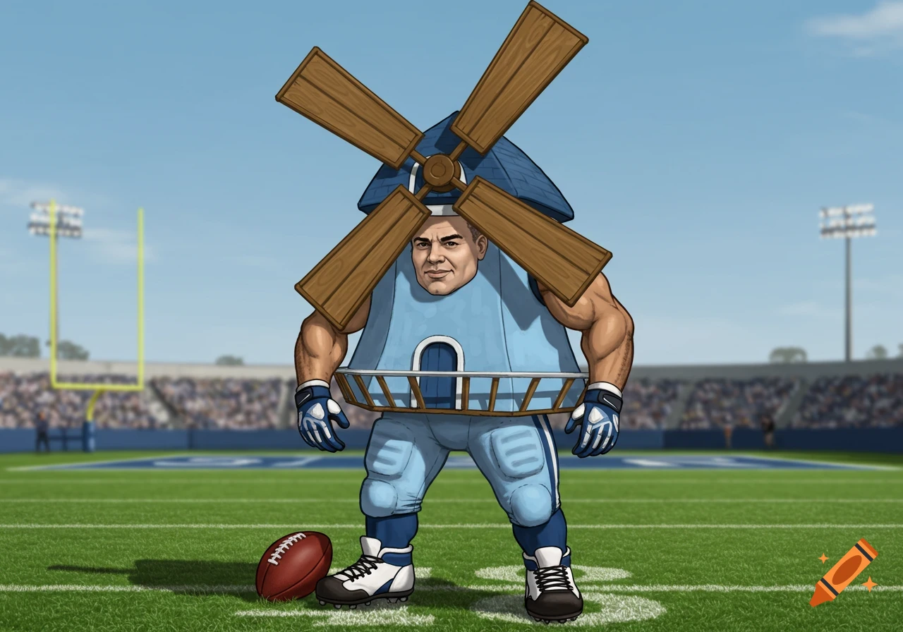 A football mascot designed as a light blue windmill with muscular human ...