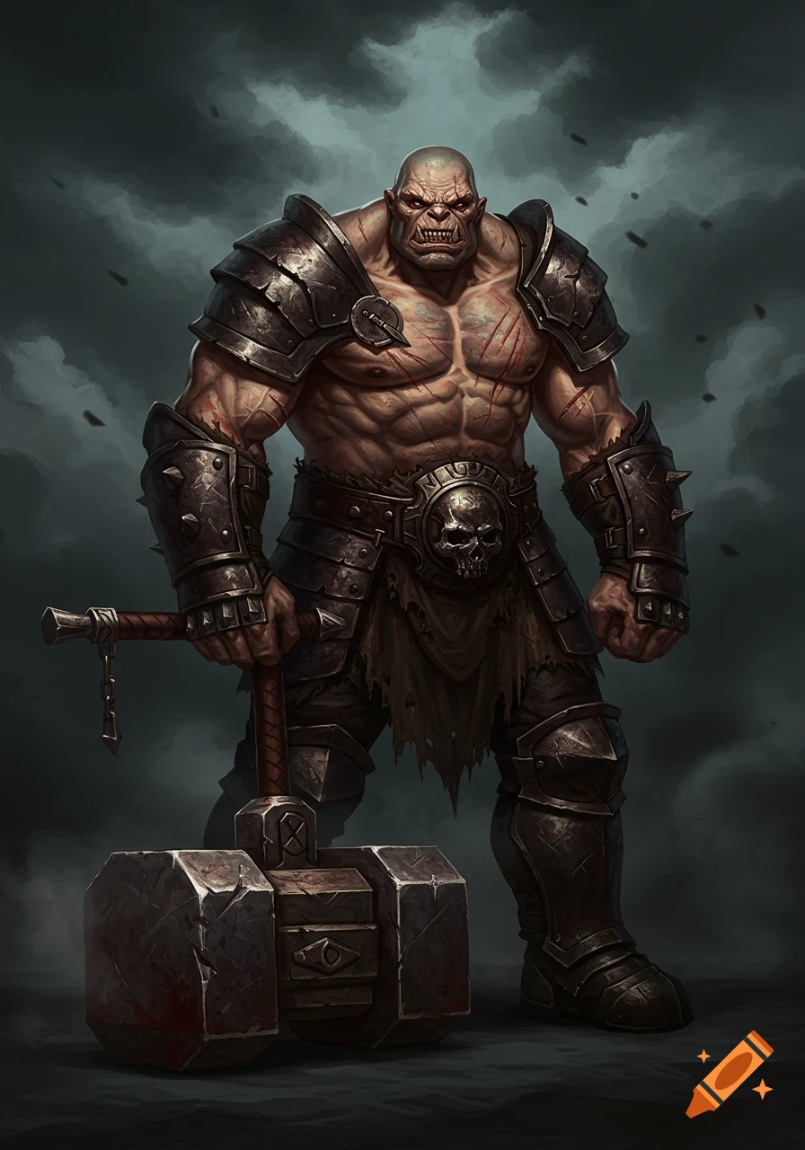 A muscular fantasy creature in armor holding a large hammer against a ...