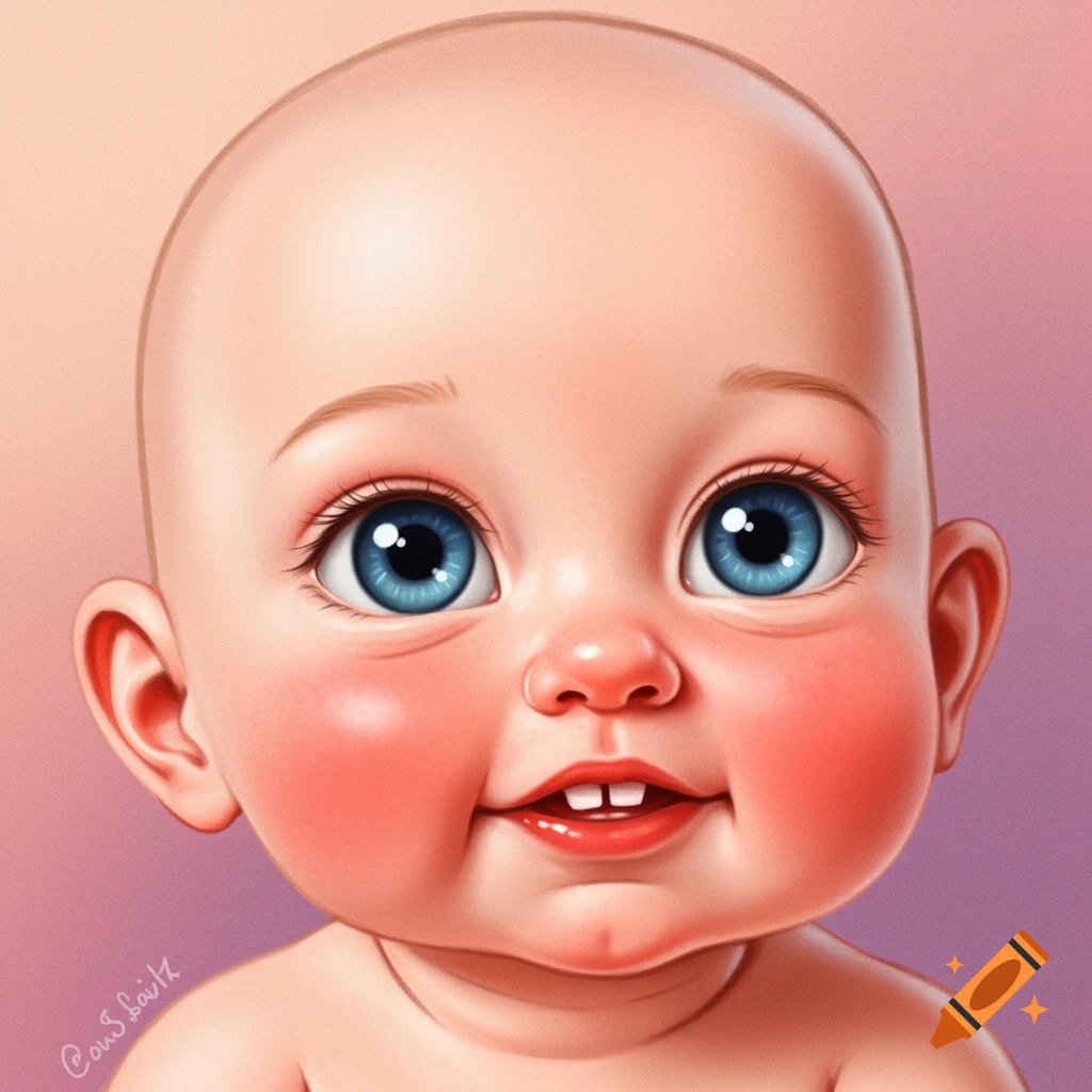 Close-up illustration of a baby's face with big blue eyes and two teeth ...