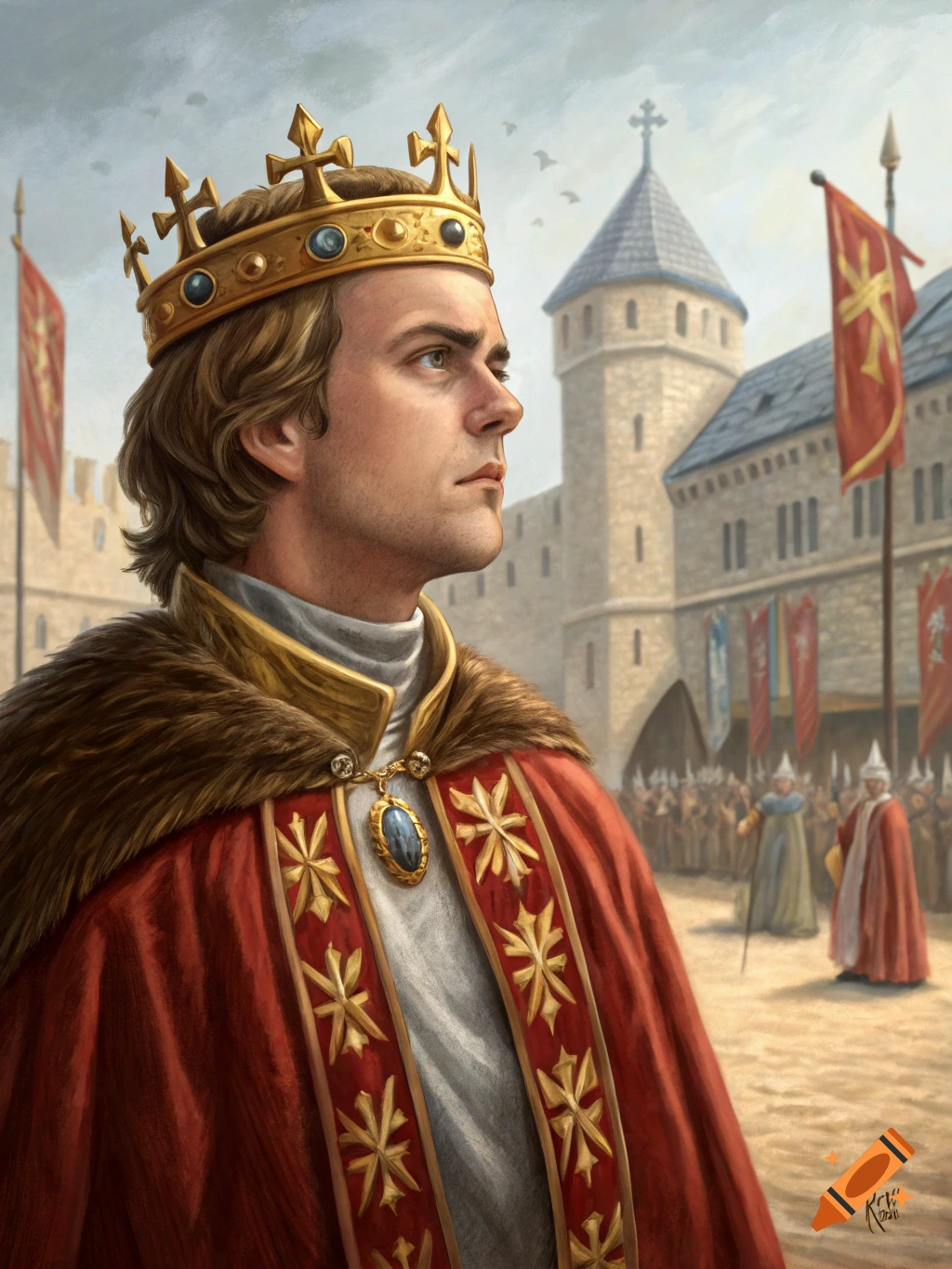 Portrait of a king in a golden crown and red robe standing in a ...