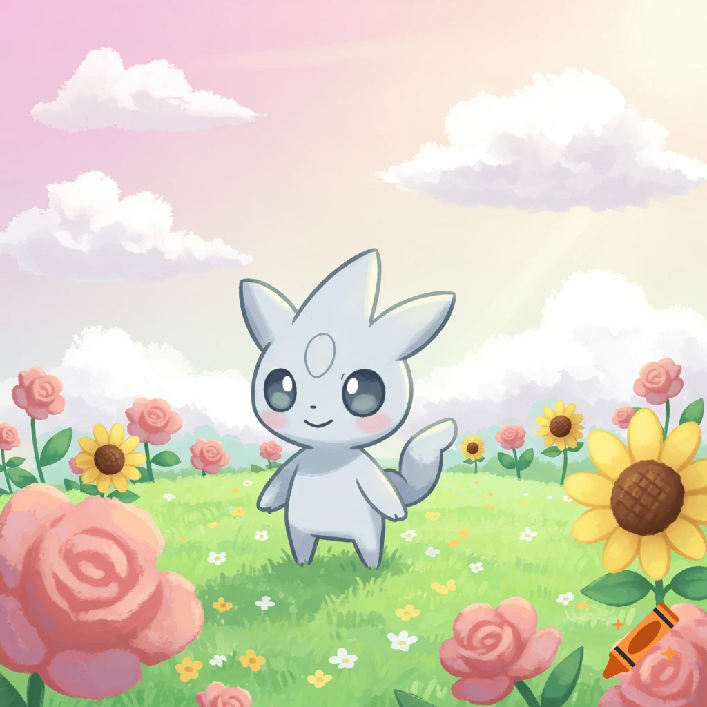 Cute silver cartoon creature with pointy ears and a tail in a flower ...