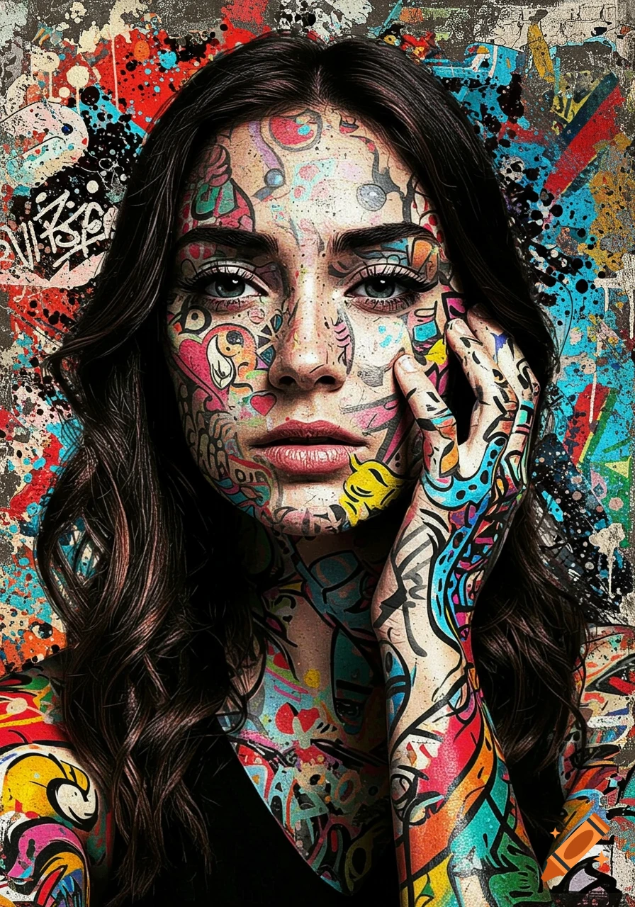 Close-up portrait of a woman covered in colorful graffiti art. on Craiyon