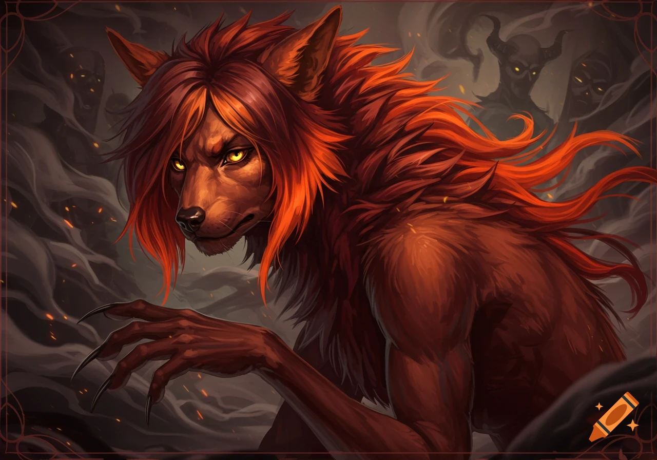 Fierce-looking, furry creature with fiery orange hair, glowing yellow ...