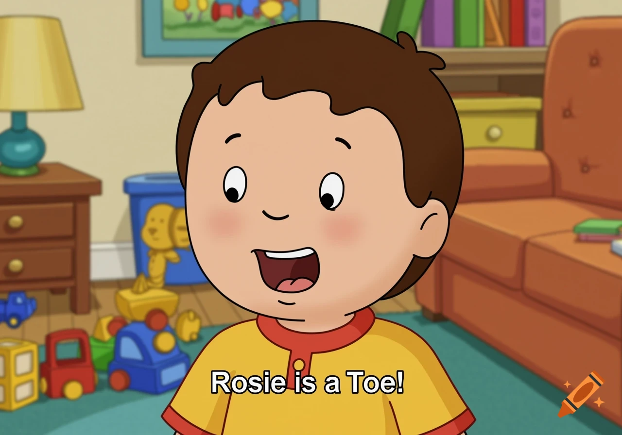 Cartoon character Caillou in a room with toys says 'Rosie is a Toe!' on ...