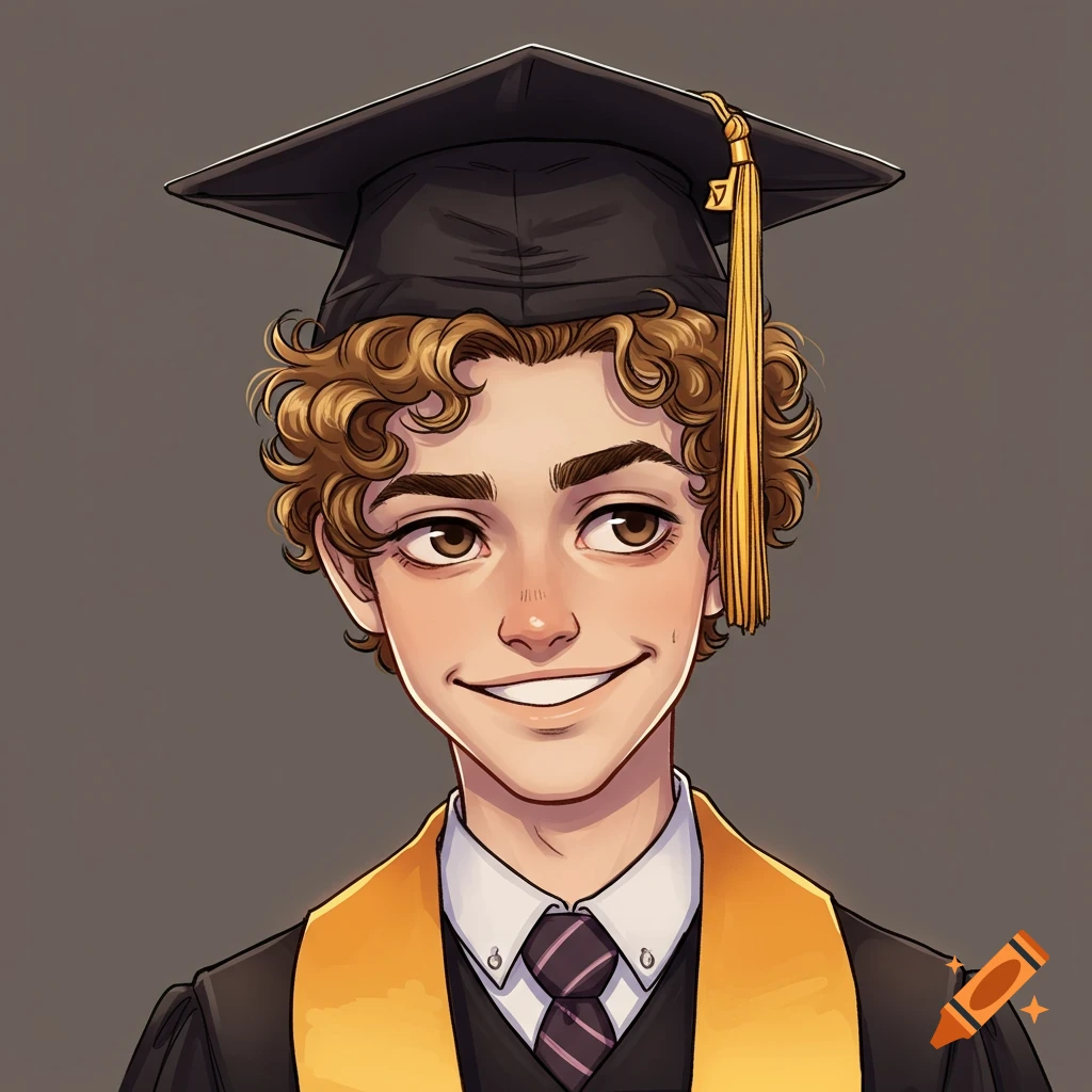 Anime-style headshot of a boy in graduation cap and gown with curly ...