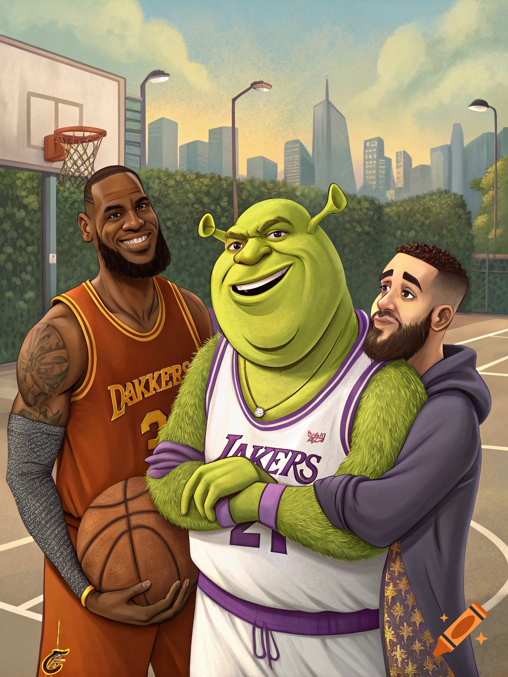 LeBron James and Shrek in basketball jerseys with Drake on a court on ...