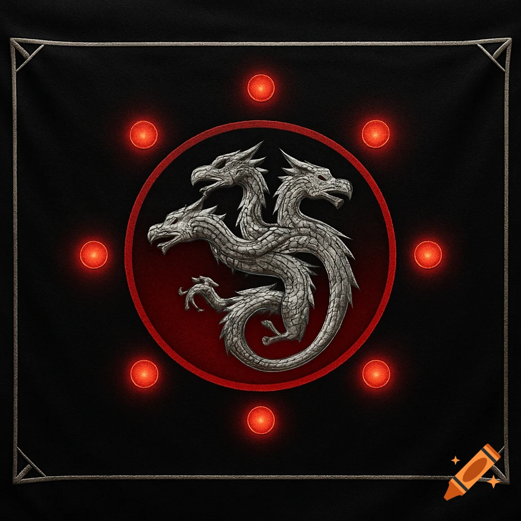 A black flag with a central red circle featuring a silver three-headed ...