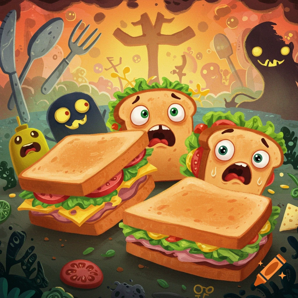 Cartoon image of scared sandwiches surrounded by monsters and cutlery ...