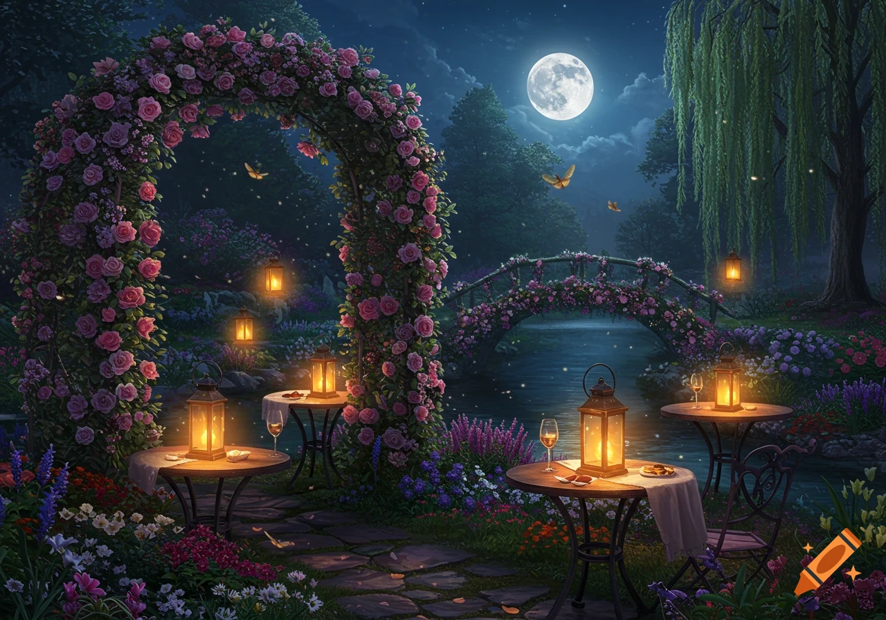 A moonlit fairy garden with a rose-covered archway, tables with glowing ...