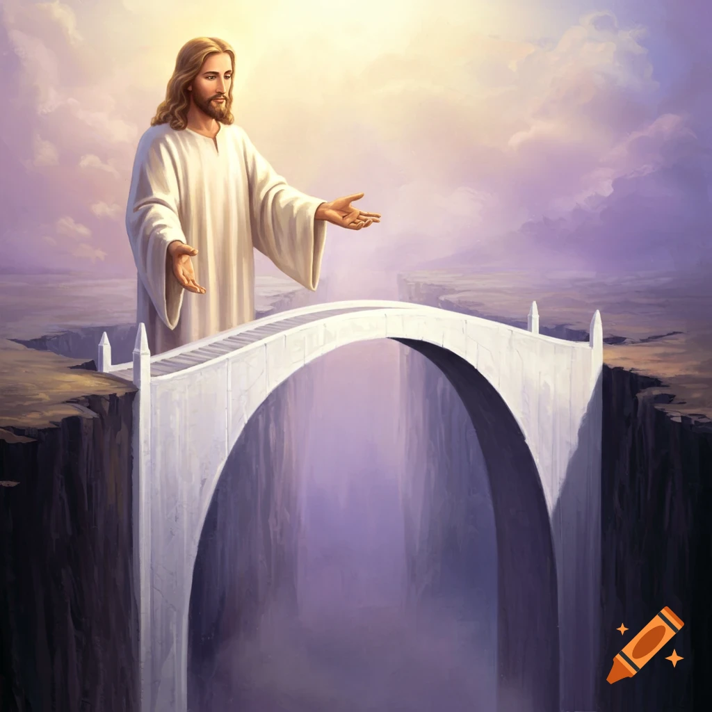Painting of Jesus standing on a bridge reaching out hands over a chasm ...
