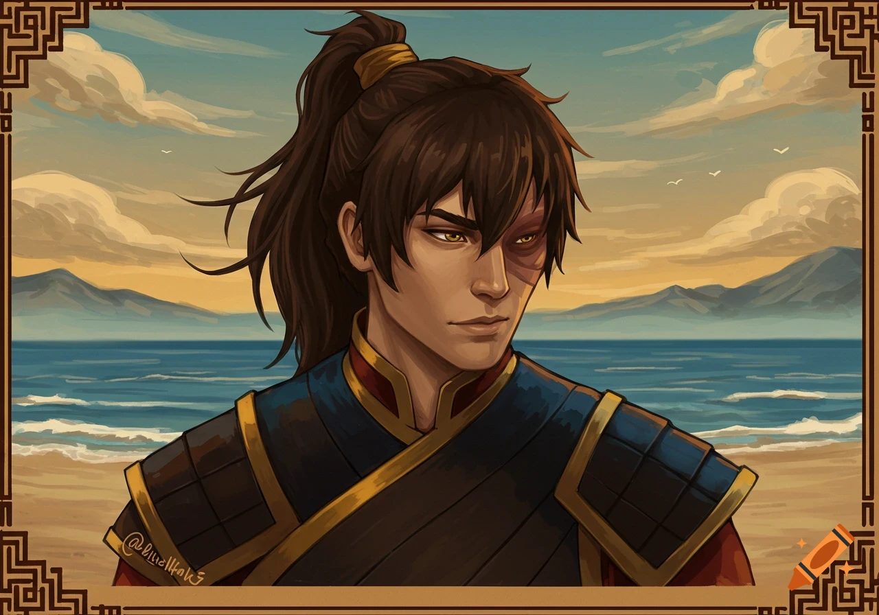 Prince Zuko with a top knot hairstyle on a beach overlooking the ocean ...
