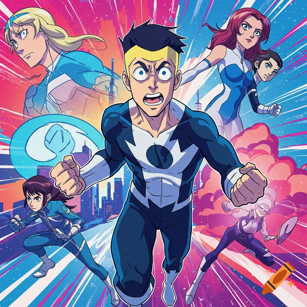 Anime style illustration of Invincible and other superheroes running ...