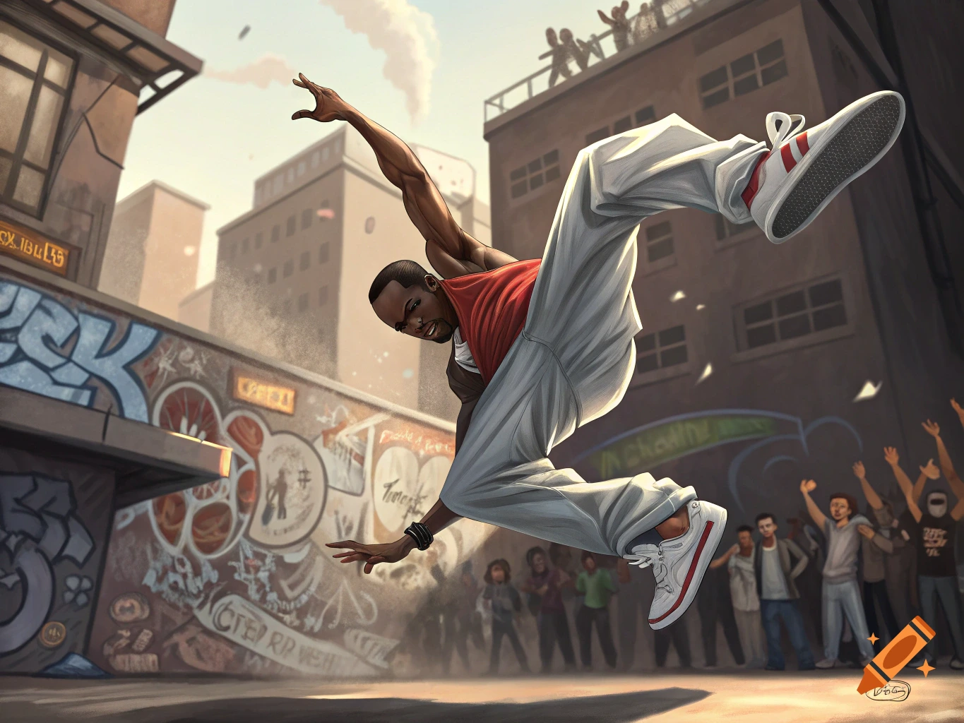 A man performs a breakdance move in an urban setting with graffiti ...