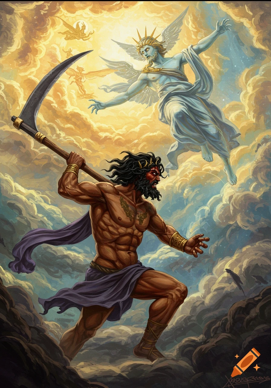 Mythological figures battling in the sky, one with a scythe, the other ...