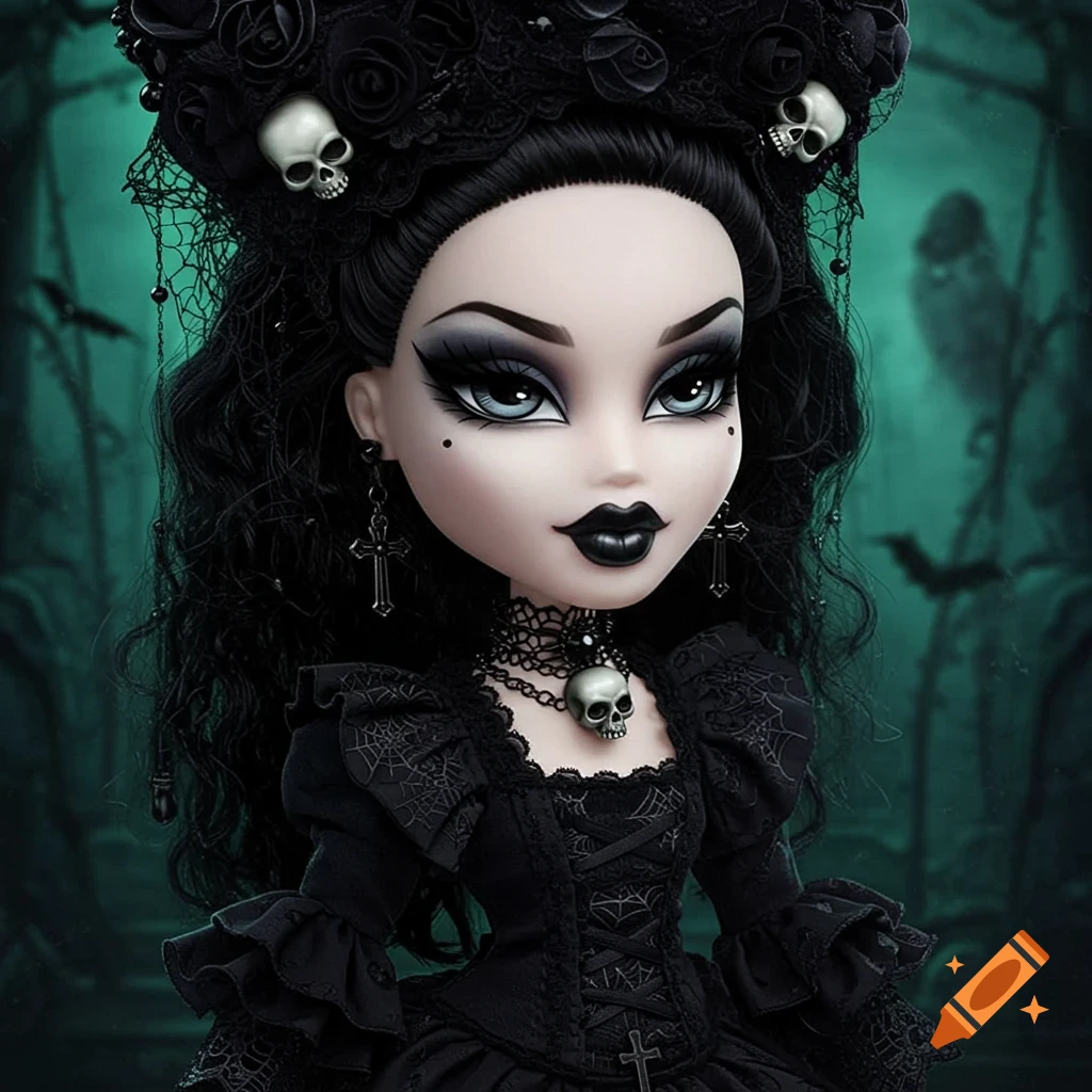 Gothic doll with black dress, dark makeup, and skull and cross ...