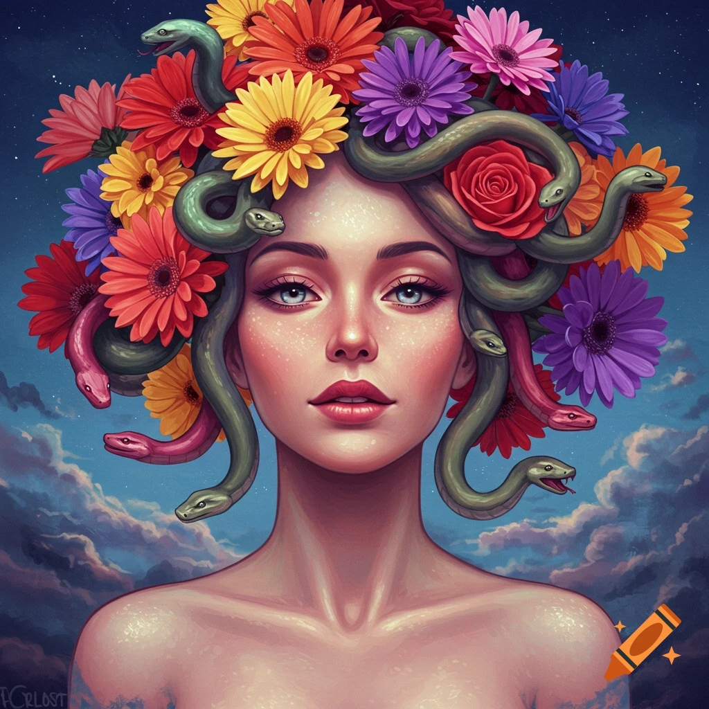 Portrait of a woman with snakes and colorful flowers in her hair ...