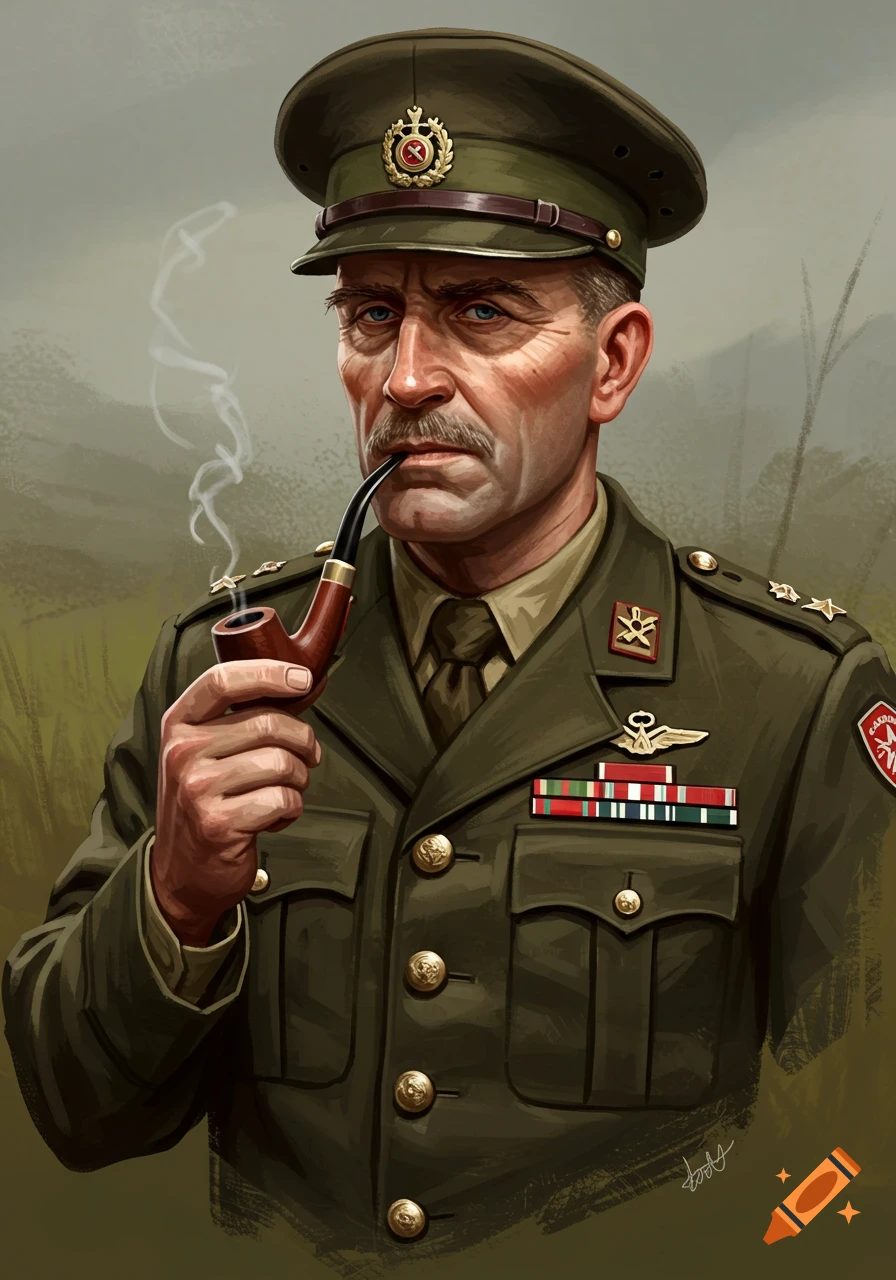 Illustration of a military officer in uniform with a mustache smoking a ...
