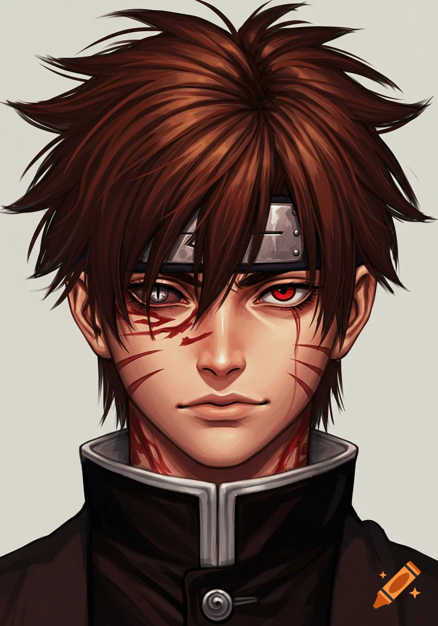 An anime portrait of a young man with brown spiky hair, a headband, one ...